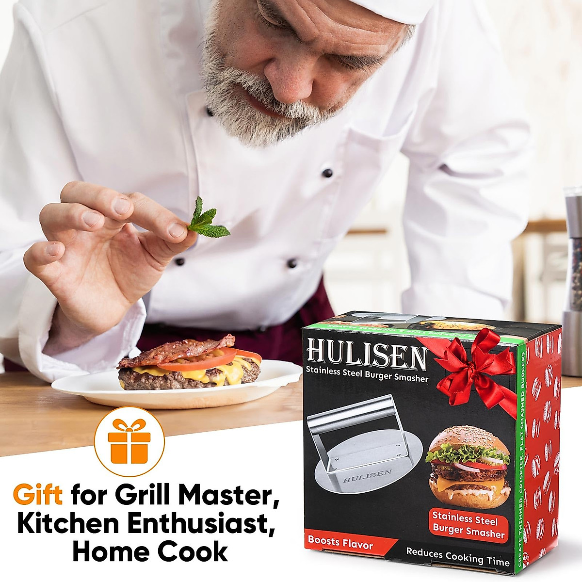 HULISEN Stainless Steel Burger Press, 6.2 inch Round Burger Smasher, Professional Griddle Accessories Kit, Grill Press Perfect for Flat Top Griddle Grill Cooking