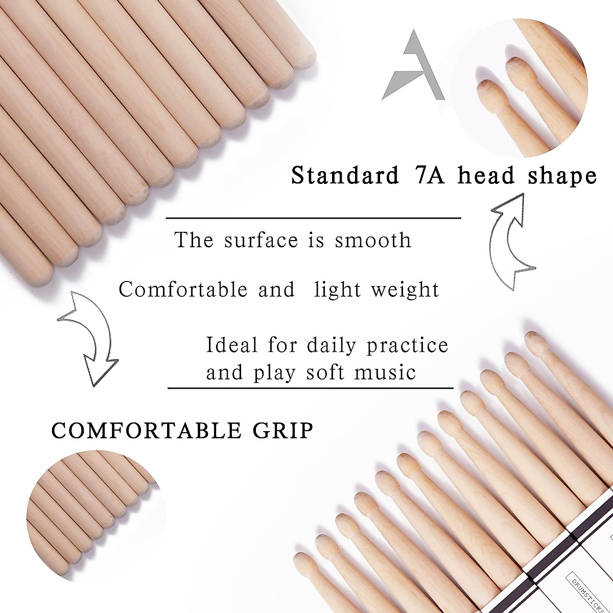 AQJUNONG Drum Sticks，7A Drumsticks, 12 Pairs Classic Maple Wood Tip Drum Sticks for Kids and Adults, Professional Musical Instrument Percussion Accessories
