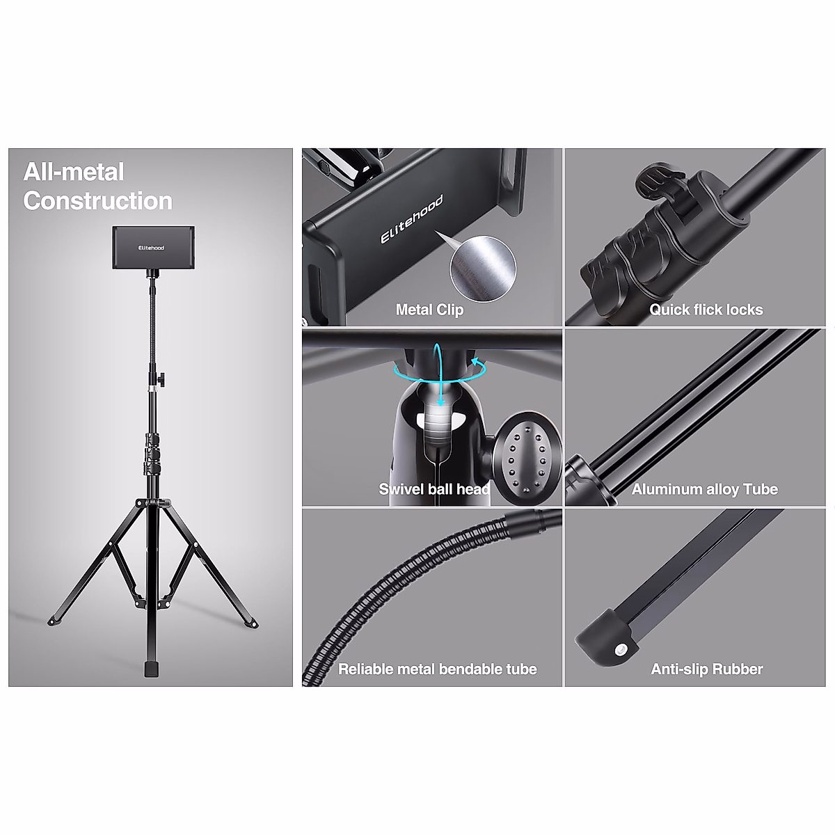elitehood Metal iPad Tripod Stand & Adjustable 72’’ Gooseneck Tablet Floor Stand Holder, Heavy Duty Aluminum iPad Floor Stand for iPad Pro 12.9 11, Mini, Air, iPhone and 4.7-12.9" Tablets Cell Phones