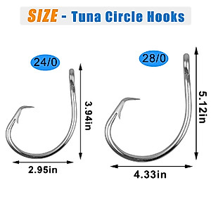 Tuna Circle Hooks Saltwater, Stainless Steel in-Line Circle Hooks 2X Strong Short Shank Big Game Hooks for Swordfish Bass Tuna Size 8/0-28/0