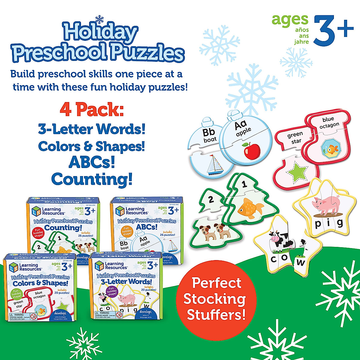 Learning Resources Holiday Preschool Puzzle Pack - Self-Correcting Puzzles, Christmas Preschool Toys, Educational Christmas Gifts , Christmas Gifts for Boys and Girls, Ages 3+