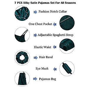 SWOMOG Womens Pjs Sets 7pcs Button Down Short Sleeve Shirt Pajamas Eye Mask Silk Satin Cami Sleepwear with Shorts Deep Green
