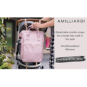AMILLIARDI Diaper Bag Backpack - 6 INSULATED Bottle Holders - Detachable Stroller Straps (Light Pink)
