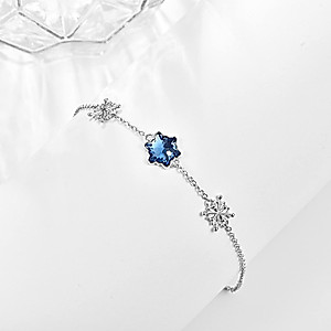 Dreamboat Snowflake Bracelet Sterling Silver Winter Snowflake Bracelets Blue Crystal Birthstone Adjustable Link Bracelet Snowflake Jewlery Holiday Gifts for Women Wrist 7-9 inches