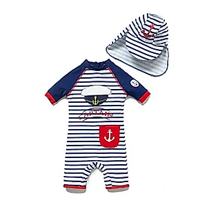 BONVERANO Kids UPF 50+ Sun Protection S/S One Piece Zip Sun Suit with Sun Hat (12-18 Months, Captain)