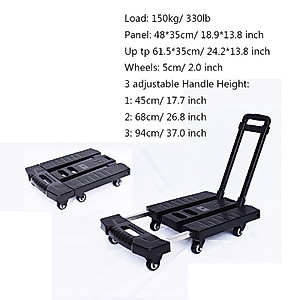 Generic Flatbed Hand Cart Folding Hand Truck 6 Wheels Small Trolley Cart with Stretchable Handle for Home Office Travel Luggage Moving 330lbs Weight Capacity Heavy Duty Flatbed Cart (Color : Black,