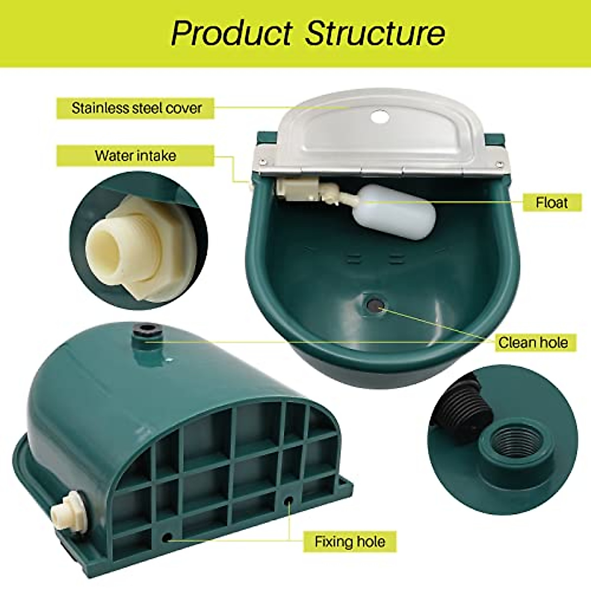 Junniu Automatic Livestock Waterer Water Bowl Trough Kits for Goat horse Dog Pig Cattle Farm Supplies, with 2PCS Float Valve, Brass Connector, Stainless Steel Cover, Hole at the Bottom, Green
