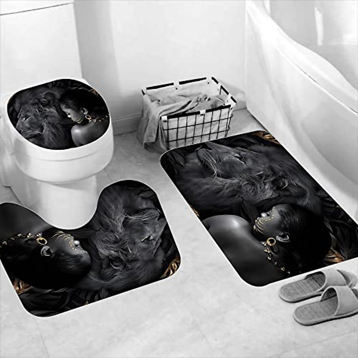 hipaopao African Woman and Lion Grey Shower Curtain Set with Non-Slip Rugs and Toilet Lid Cover Wildlife Safari Theme Fabric Shower Curtain Bathroom Decor with Hooks Waterproof Washable 72" x 72''
