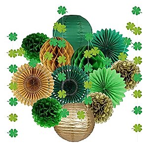 St Patrick's Day Decorations, Green Gold Party Supplies Hanging Paper Lanterns Clover Garland Tissue Paper Fan Pom Pom Flowers for Irish Party Saint Patricks Day Decor