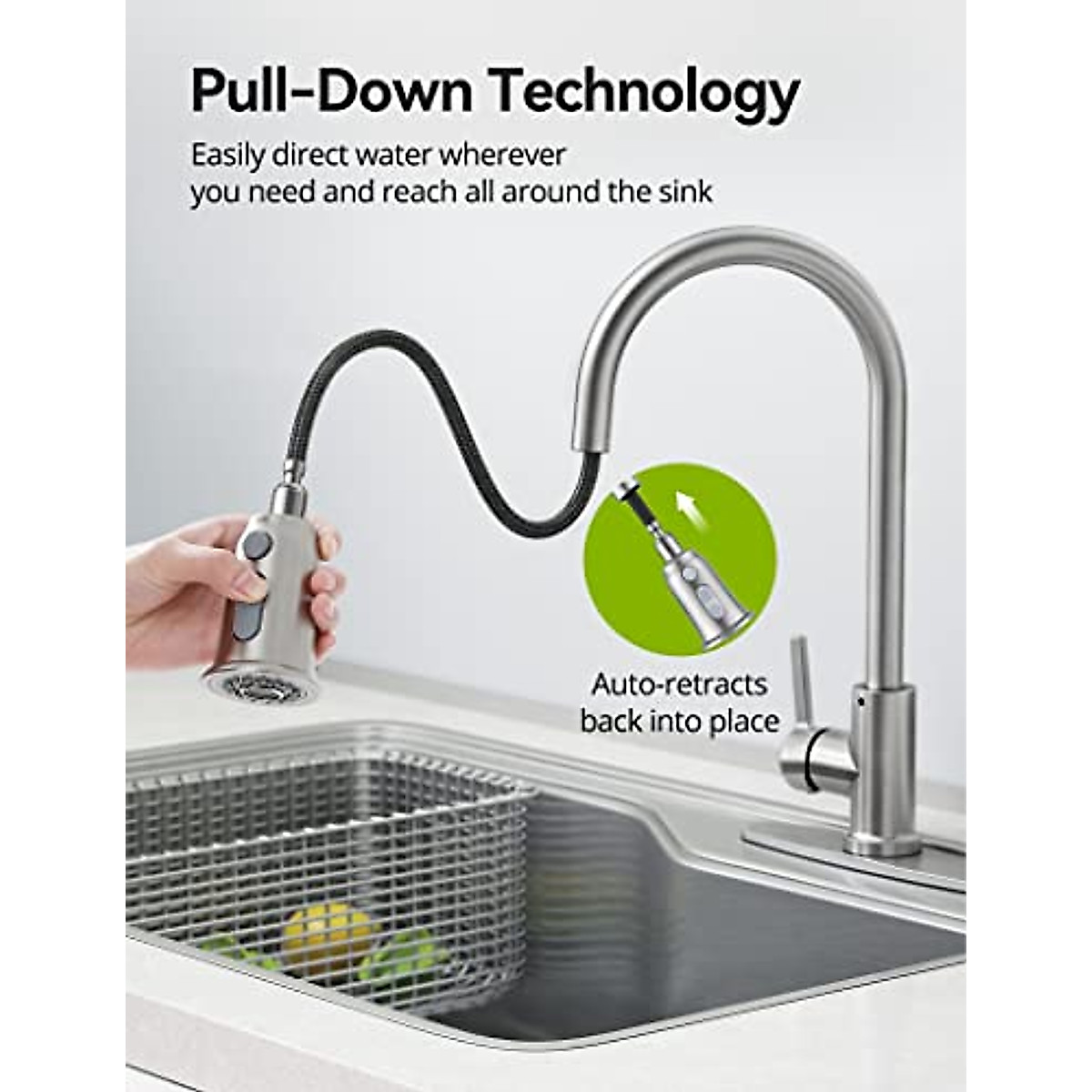 Kitchen Faucet, REXMEO Premium with 9 Min Installation Kitchen Sink Faucet with Pull Down Sprayer for Kitchen Sink, Three Mode Single-Handle High Arc Brushed Nickel Stainless Steel Faucet Space Silver