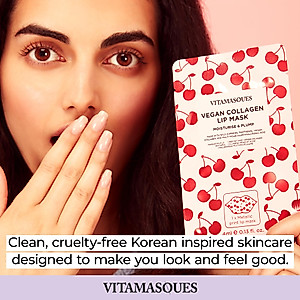 Vitamasques Lip Mask, 3-Pack - Cherry Vegan Collagen Lip Mask Sheets, Repair for Dry & Chapped Lips - Nourishing & Hydrating - Wild Cherries & Hyaluronic Acid - Vegan & Cruelty-Free