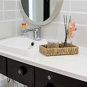 Bathroom Tray Countertop, 10 Inch Water Hyacinth Bathroom Basket, Toilet Tank Bathroom Vanity Tray, Rattan Wicker Tray for Bathroom Decor Coffee Table (Small)