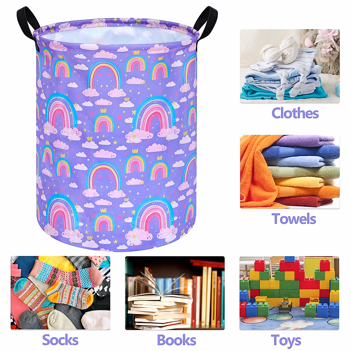 ACMUUNI 19.7 Inch Purple Rainbow Round Kids Round Laundry Clothes Hamper Dino Laundry Basket with Handles,Baby Toys Storage Organizer Bins Laundry Gift Basket for Boys and Girls Room, Bedroom Decor