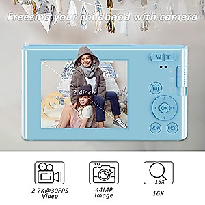 Digital Camera 4K 44MP with 32GB SD Card, 2.4 Inch Point and Shoot Camera with 16X Digital Zoom, Compact Mini Camera Kids Camera for Teens Boys Girls Adults Students Seniors(DC6-X3 Blue1)