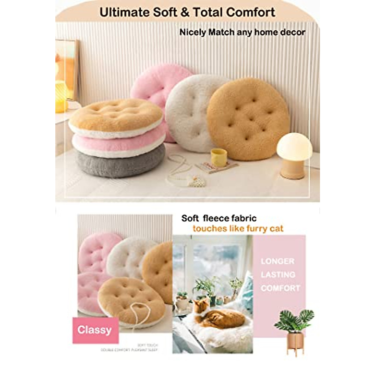 unlockgift Sherppa Round Chair Cushion 16 inch, Office Sedentary Butt Pillow, Decorative Seat Cushion for Rocking Chair,Couch,Bedroom,Car,Cream White