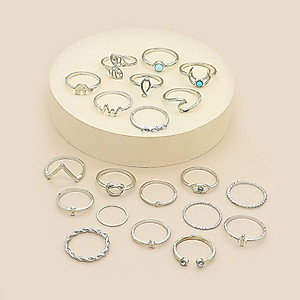 FUTIMELY 19PCS Boho Turquoise Knuckle Stacking Rings for Women Vintage Stackable Star Moon Wave Peak Sea Rhinestone Joint Midi Finger Rings Set (F:20Pcs)