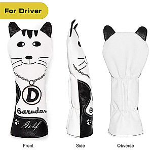 Barudan Golf Wood Headcovers Head Covers Set for 1 Driver 460cc Fairway Hybrid Rescue Utitliy with Adjustable Number tag Black and White Kitten Animal Series Leather Well Made