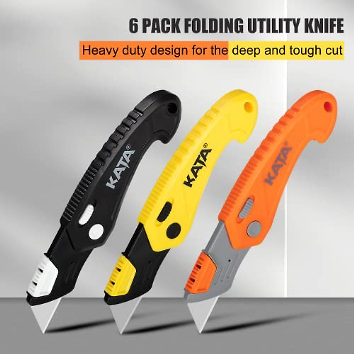 KATA 6-Pack Utility Knife, Folding Box Cutter for Cartons, Cardboard and Boxes, Quick Change Blade, 10pcs Extra SK5 Blades Included, Lock Back Mechanism