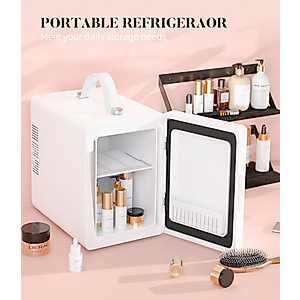 BOGDA 4L Mini Skincare Fridge with Dimmable LED Light Mirror, Cooler and Warmer Temperature Control Digital Display, Portable Cosmetic Refrigerator for Makeup, Skin Care, Bedroom Office Car, White