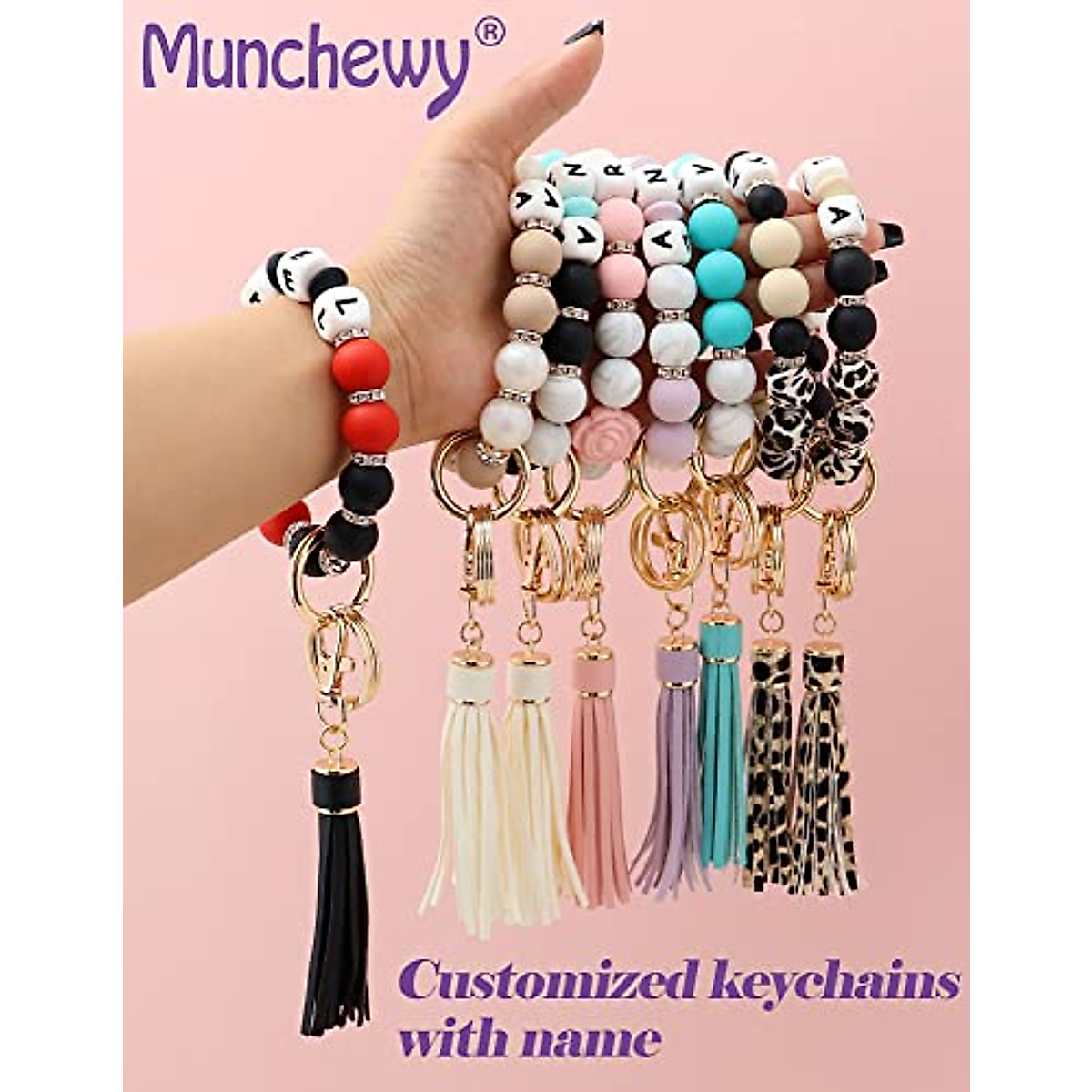 Munchewy Personalized Key Ring Bracelet Wristlet Keychain with Name, Car Keychain Holder Silicone Beaded Bracelet Keychain Bangle Chains with Leather Tassel Keyrings for Women(Lilac Daisy)