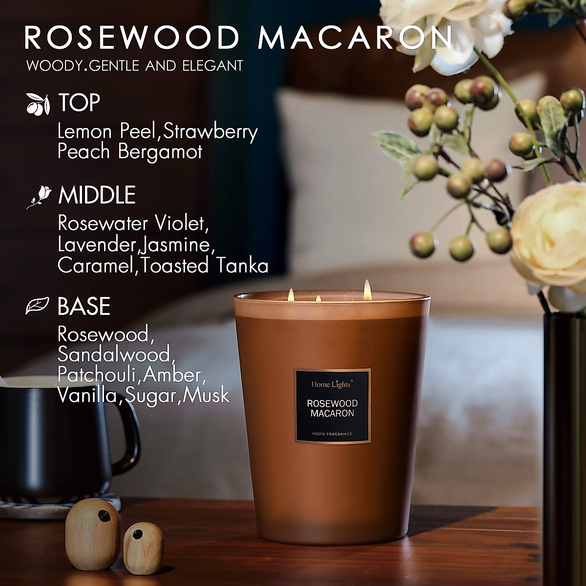 HomeLights Scented Candles | Large Jar Candle - 33.3 Oz. Natural Soy Aromatherapy Candles | Up to 70 Hours Burn Time with 3 Cotton Wicks, Home Decorative Fragrance Candles - Rosewood Macaron