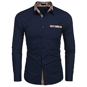 Men Long Sleeve Patchwork Dress Shirts Classic Plaid Button Down Shirts Slim Fit Turn-Down Collar Shirt Tops (Dark Blue,X-Large)