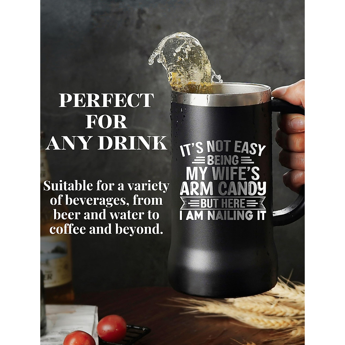 Onebttl Husband Gifts Funny Beer Stein, 24oz Stainless Steel Beer Mug with Lid for Valentine Father's Day, Christmas - Arm Candy