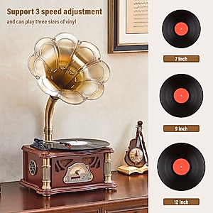 HZLSBL Vintage Gramophone with Bluetooth Output Vintage Record Players Retro Gramophone Turntables for 7" 9" 12" Vinyl Records 3 Speed, Hi-Fi, Handcrafted by Pure Oak (Walnut)