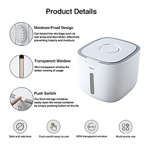 Benshukam Rice Storage Container, Food Container, Dry Food Storage, Pet Food Dispenser, 20 Lbs/ 320oz Large Storage Bin with Lid, for Grain Cereal Soybean Corn, Cat Food, Coffee, Flour (Grey)