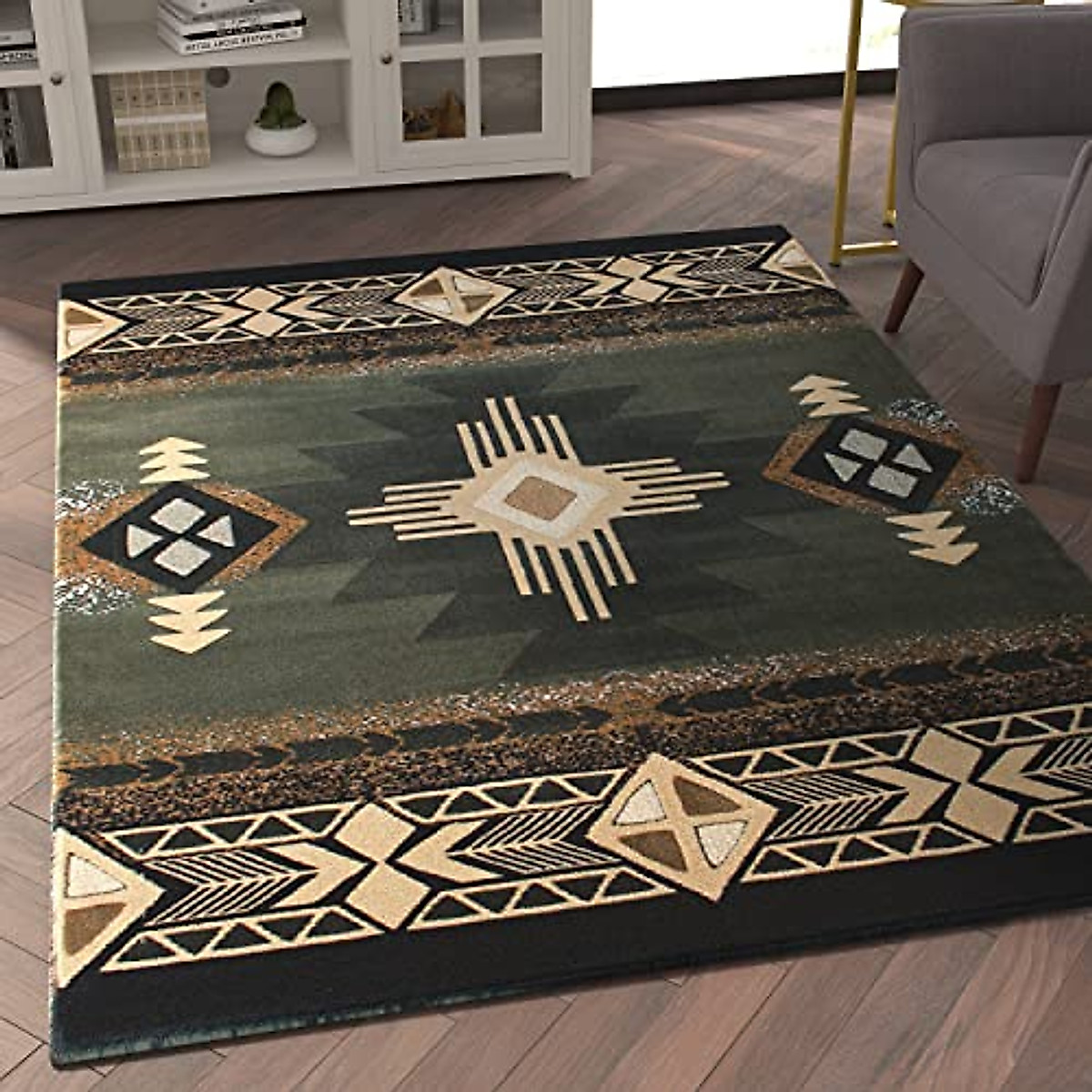EMMA + OLIVER Santa Fe 5x7 Sage Olefin Accent Rug with Complementary Southwestern Pattern in Beige, Black and Brown and Jute Backing