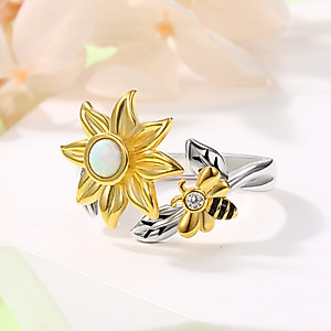 Sunflower Fidget Spin Bee Rings - 925 Sterling Silver Adjustable Open Ring Opal You are My Sunshine Ring Spinner Chrismas Mother's Day Birthday Jewery Gift for Teen Girls Women