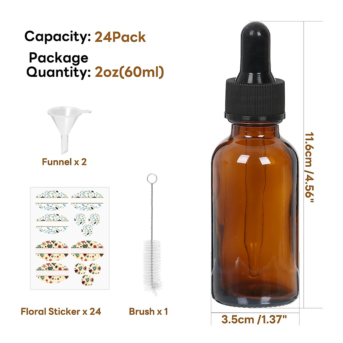 STARSIDE 24 Pack 2 oz Amber Glass Dropper Bottles for Essential Oils,60 ml Glass Bottles with Glass Droppers for Lab Chemicals,Perfumes.Included 1 Brush,2 Funnels and 24 Labels