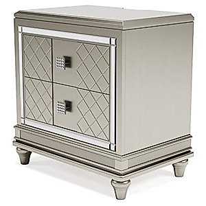 Signature Design by Ashley Chevanna Glam Embossed Diamond-Patterned 2 Drawer Night Stand with USB Charging Ports, Chrome