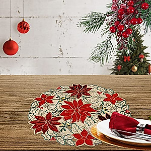 OWENIE Christmas Placemats Set of 4, Embroidered Applique Round Placemats Set of 4, Red Velvet Poinsettia Flower Linen Table Mats for Holiday Kitchen Dining Table Decorations (15 Inch)