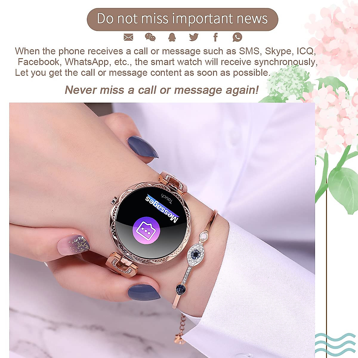 Thafikzi Smartwatch for Women Compatible for iPhone Samsung Android iOS Phones. Smart Bracelet with Female Menstrual Cycle Heart Rate Blood Pressure Remote Photography Waterproof Pedometer (Gold)