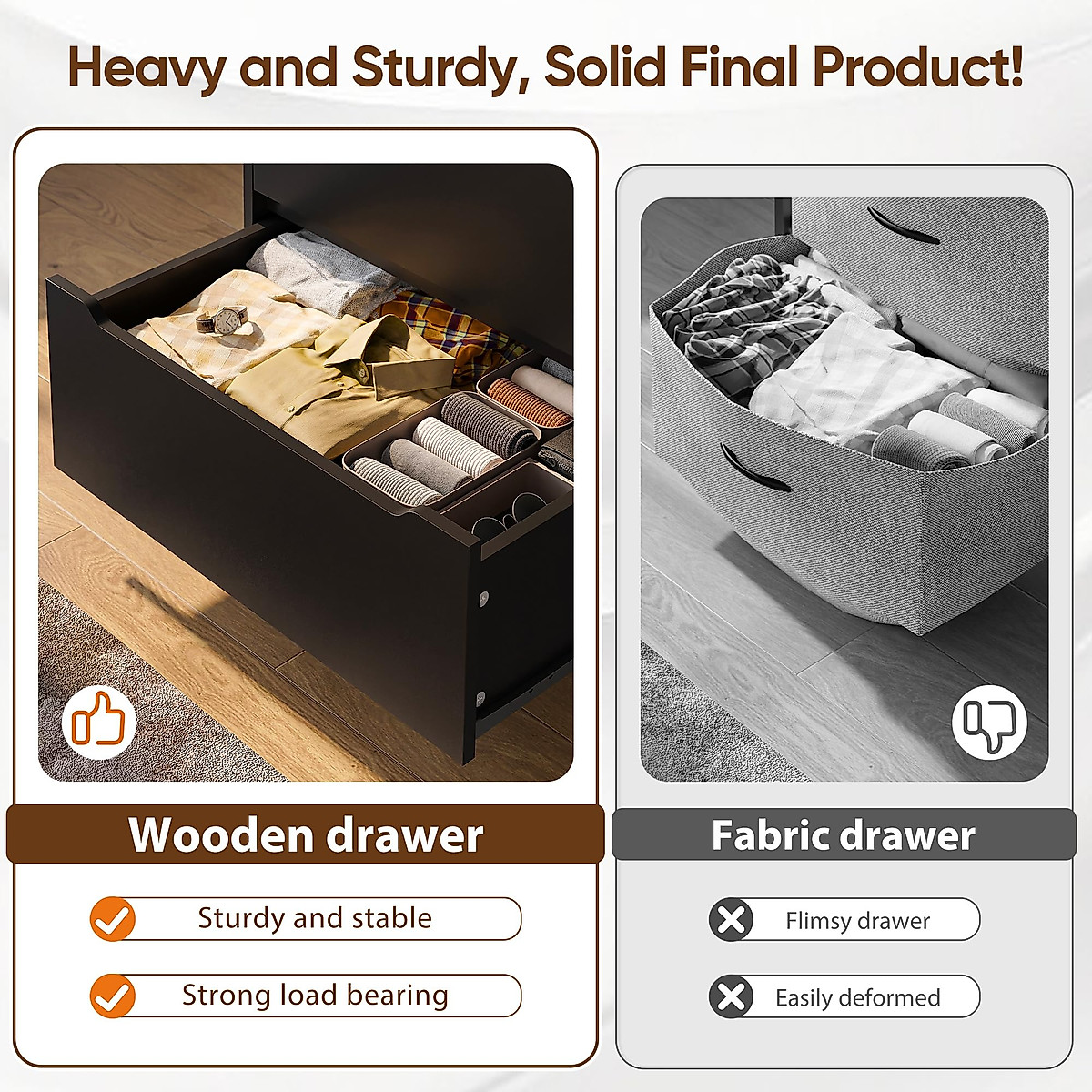 EnHomee Dresser for Bedroom, Dresser with 6 Wood Drawers, Black Dresser and Tall Dresser with Large Organizer, Wood Dressers & Chests of Drawers with Smooth Metal Rail, Black