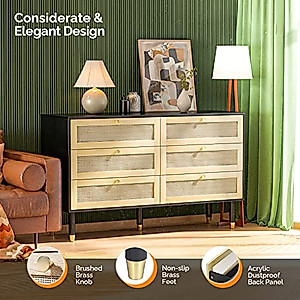 VINGLI Rattan Dresser 6 Drawers for Bedroom Black Boho Wicker Drawer Chest Mid Century Modern Cane Bedroom Furniture, 55" (W) x 17.8" (D) x 33" (H)