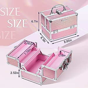 FRENESSA Makeup Train Case Beauty Cosmetic Box 4 Tier Trays Jewelry Storage Organizer with Lockable Pink Lining Perfect for Women and Girls - Mermaid Pink