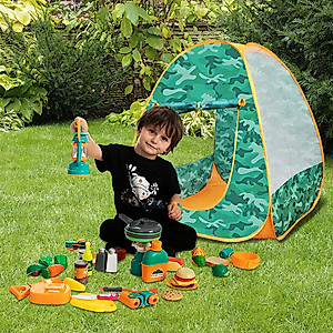 JOYIN 41Pcs Kids Camping Tent Set with Kids Camping Gear, Camping Set Includes Kids Tent, Oil Lantern, Food Toys, Binoculars, Flashlights, Compass and More, Pretend Play Camp Gear Tools for Christmas