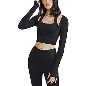Gihuo Long Sleeve Cutout Yoga Tops Sports Tees Crop Tops T Shirt for Women Workout Black