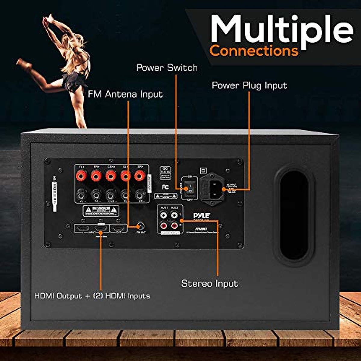 Pyle 5.1 Channel Home Theater Speaker System - 300W Bluetooth Surround Sound Audio Stereo Power Receiver Box Set w/ Built-in Subwoofer, 5 Speakers, Remote, FM Radio, RCA - PT589BT,Black