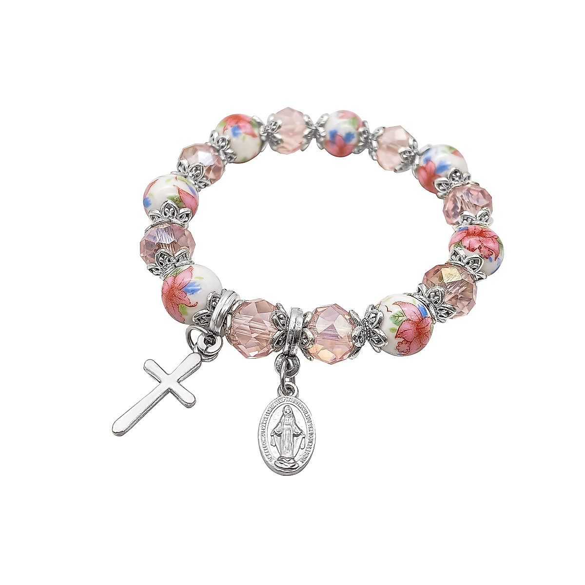 Nazareth Store Religious Cross Bracelet Pink Crystal Beaded Stretch Rosary Bracelet with Ceramic Flowers Beads Bangle Crucifix & Miraculous Medal Charm