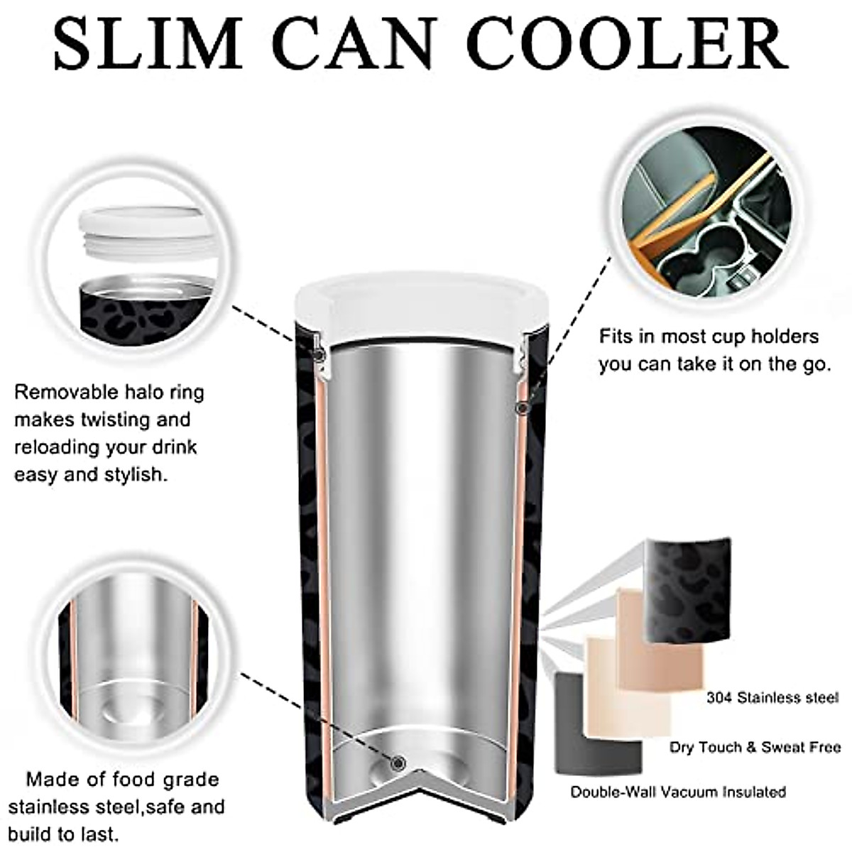 12 oz Slim Can Cooler Stainless Steel Skinny Can Cooler Insulated Beer Can Cooler for Hard Seltzers Unique Leopard Print Tumbler Gifts for Women and Men