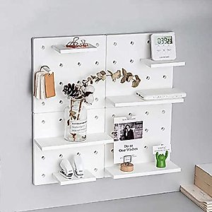 JSF 4 Sets Plastic Pegboard Kit - Decorative Wall Mounted Plastic Floating Shelves for Bedroom, Bathroom, and Kitchen , Pegboard Ledges Organizer,Entryway Organizer with Key Hooks (White)