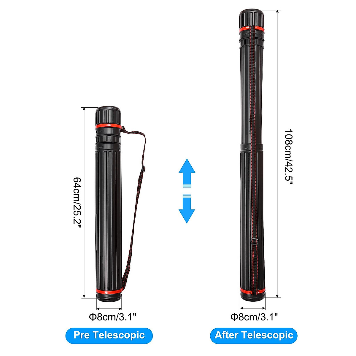 PATIKIL Extendable Poster Tubes, Expand from 25.2" to 42.5" with Strap, 8cm/3.1" Dia Art Document Storage Carry Tubes for Blueprint Drawings Artwork, Black
