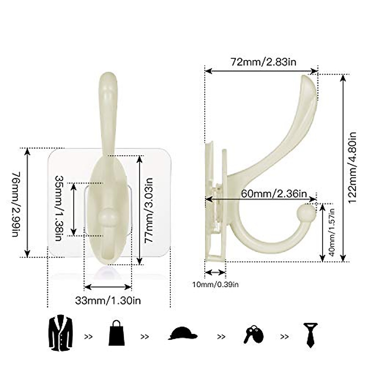 Coat Hook 8 Pack Split Design Heavy Duty Transparent Reusable Seamless Wall Mounted Double Removable Hooks for Coat,Scarf,Bag,Towel,Key,Cap,Cup,Hat(Beige)