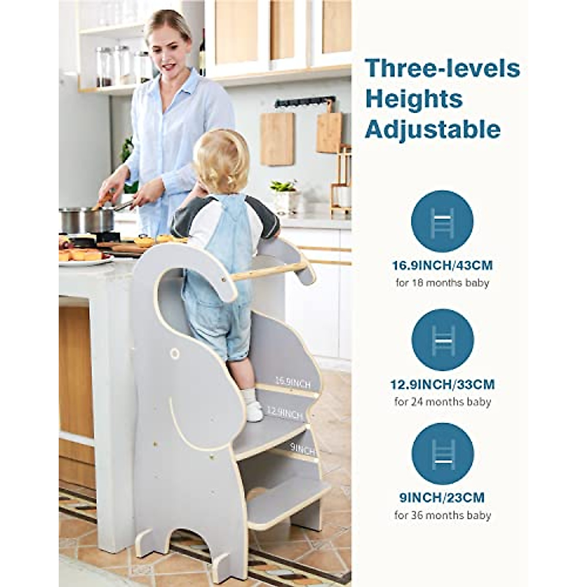 PP OPOUNT Toddler Kitchen Stool, 3-Level Adjustable Toddler Tower, Wood Step Stools for Kids with Safety Protective Net and Non-Slip Mat, Elephant Style, Solid Wood Gray