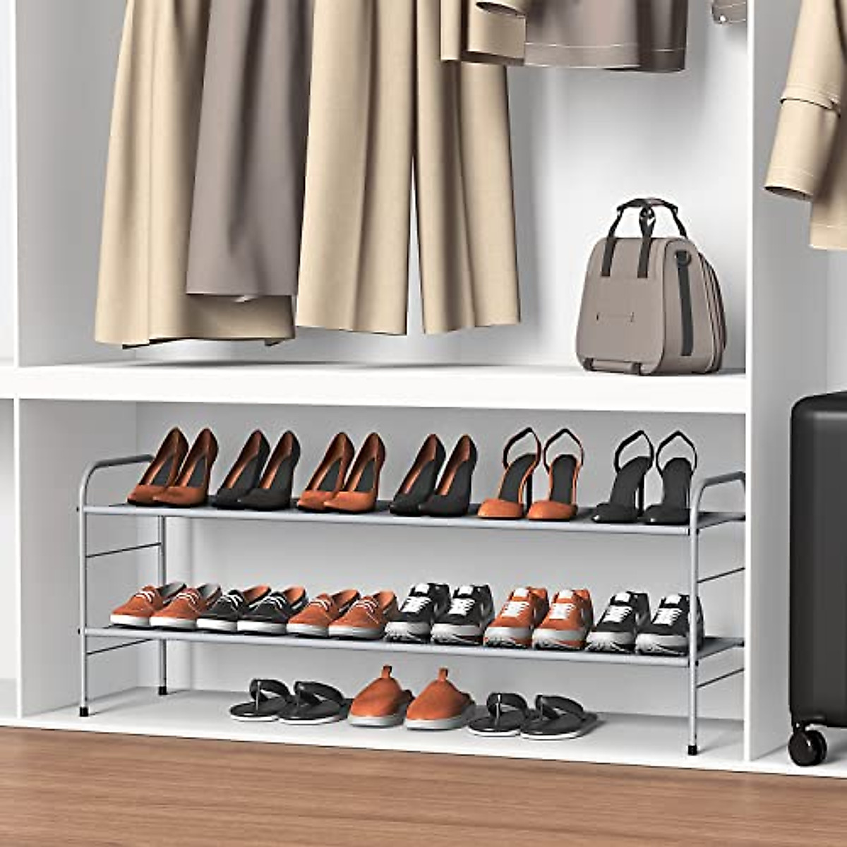 Coonoor 2-Tier Long Shoe Rack Storage for Wide Shoe Shelf Organizer,Silver