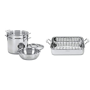 Cuisinart 77-412P1 Piece 12-Quart Chef's-Classic-Stainless-Cookware-Collection, Pasta/Steamer Set (4-Pc.) & 7117-16UR Chef's Classic 16-Inch Rectangular Roaster with Rack, Stainless Steel