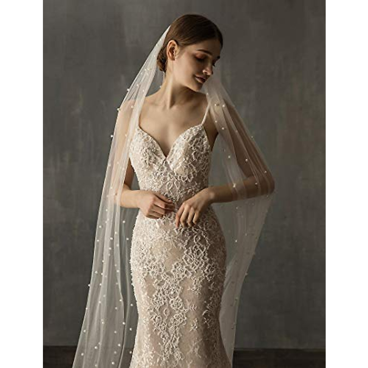 EllieHouse Womens Long Cathedral Length 1 Tier Pearl Ivory Wedding Bridal Veil With Metal Comb HD34IV